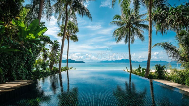 Infinity Pool Overlooking a Tropical Island and Ocean Stock ...