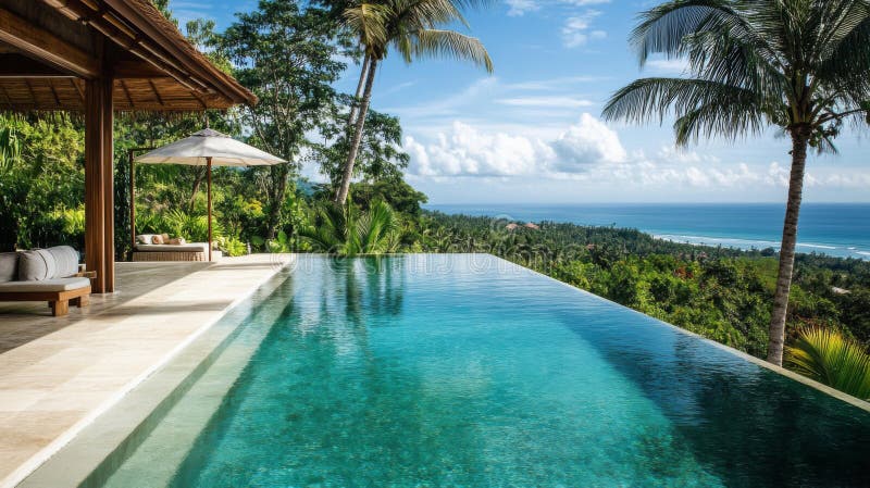 Infinity Pool Overlooking Tropical Ocean and Lush Foliage Stock ...