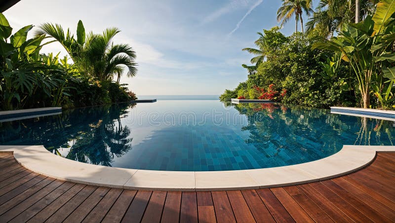 Infinity Pool Overlooking Tropical Ocean with Lush Vegetation Stock ...