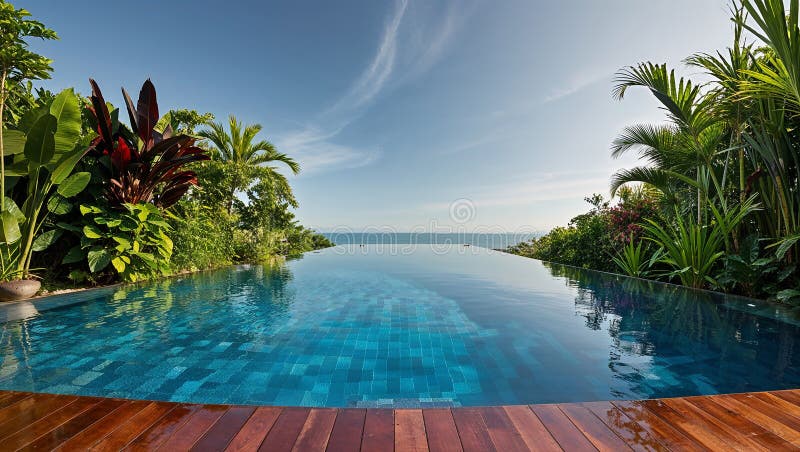 Infinity Pool Overlooking Tropical Ocean with Lush Vegetation Stock ...