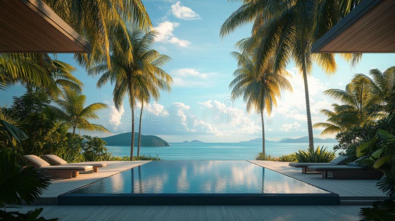 Infinity Pool Overlooking Tropical Ocean with Palm Trees Stock ...