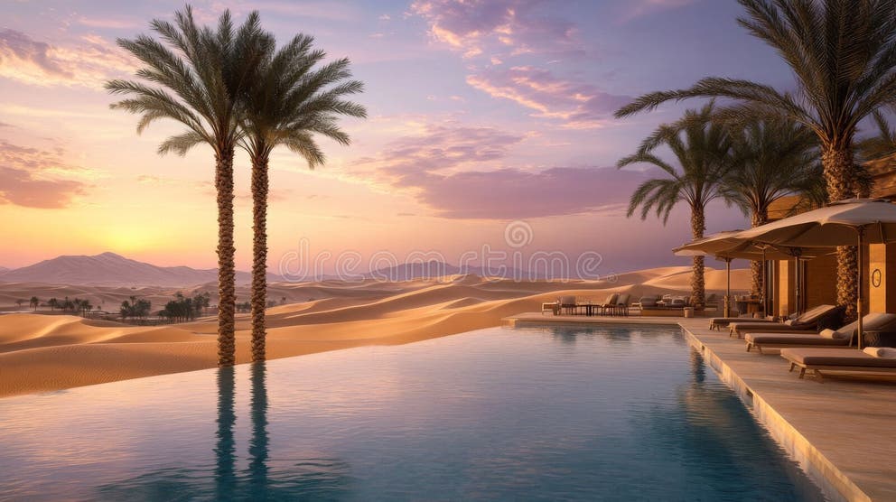 Infinity Pool and Palm Trees at Sunset in the Desert Stock Illustration ...