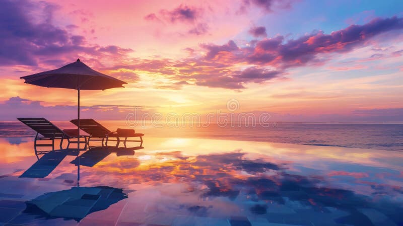 Infinity Pool Reflecting Dramatic Sunset Sky with Sun Loungers and ...