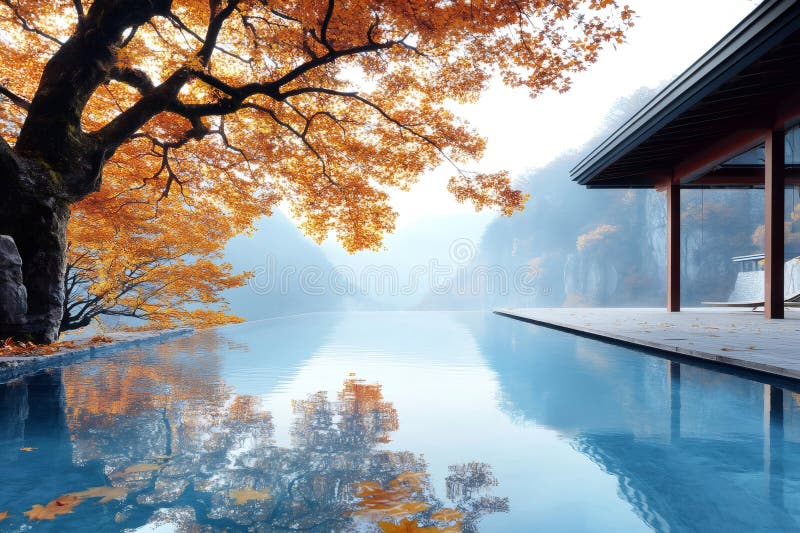 Infinity Pool Reflecting Orange Autumn Foliage and Misty Mountains ...
