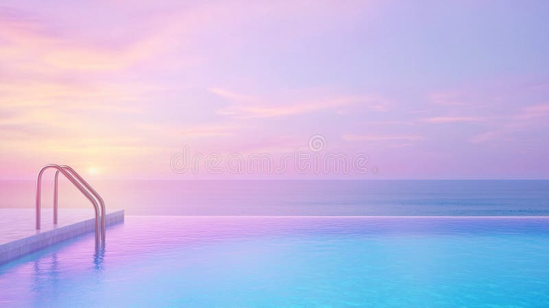 Infinity Pool Reflecting Pastel Sunset Over Calm Ocean, Copy Space ...