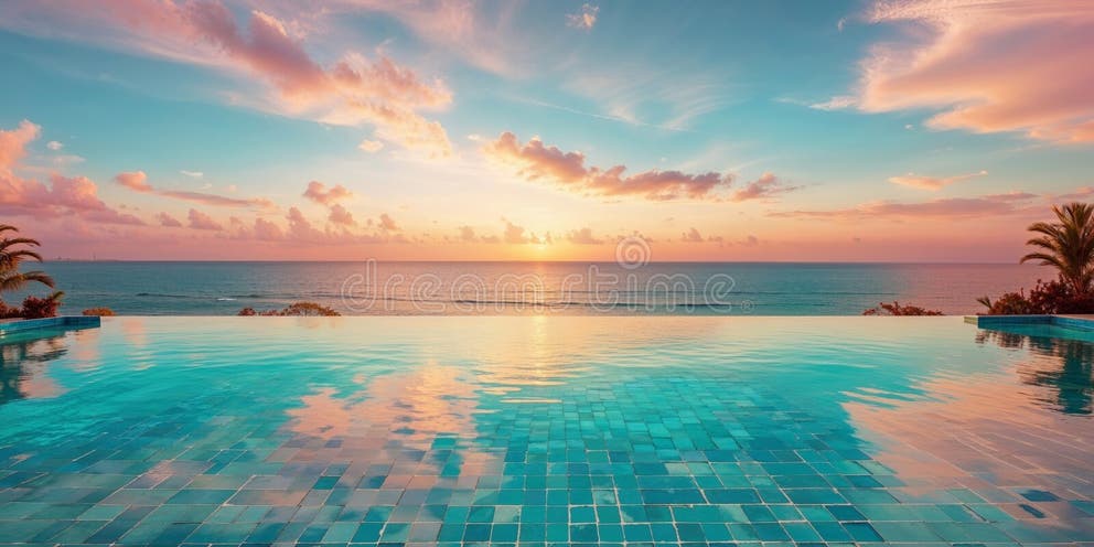 Infinity Pool Reflecting Stunning Sunset Over Calm Ocean Stock Photo ...