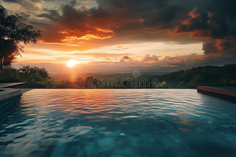 Infinity Pool at Sunset with Mountain View, Cloudy Sky, Water ...