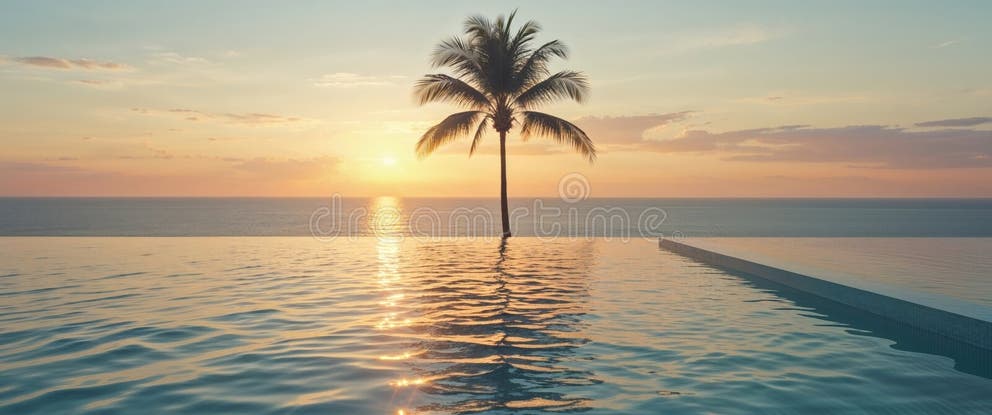 Infinity Pool at Sunset with Ocean View and Palm Tree. Stock Photo ...