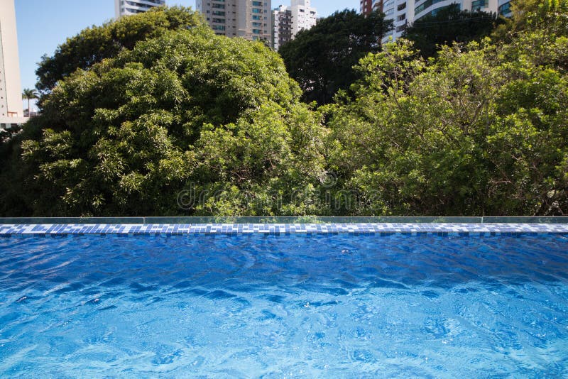 Infinity Pool with Trees and Buildings in the Background Stock Image ...