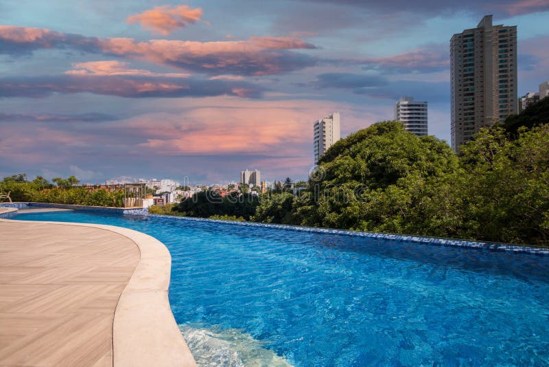 Infinity Pool with Trees and Buildings in the Background Stock Photo ...