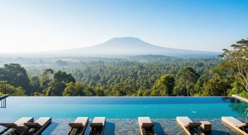 Infinity Pool View of Lush Tropical Forest and Distant Mountain ...
