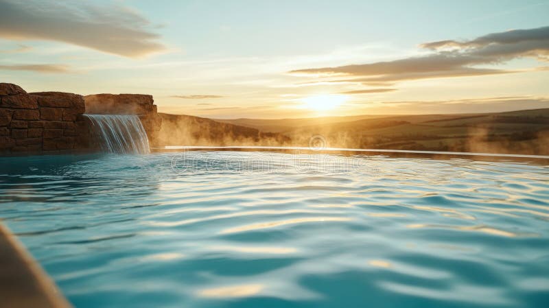 Infinity Pool with Waterfall and Sunset Over Rolling Hills Stock ...
