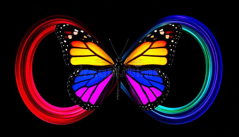 Infinity with Rainbow Butterfly on Black Background. Multicolor, Bright ...