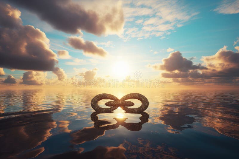 Infinity Sign, with Sun and Clouds Behind it, on a Tranquil Ocean Stock ...