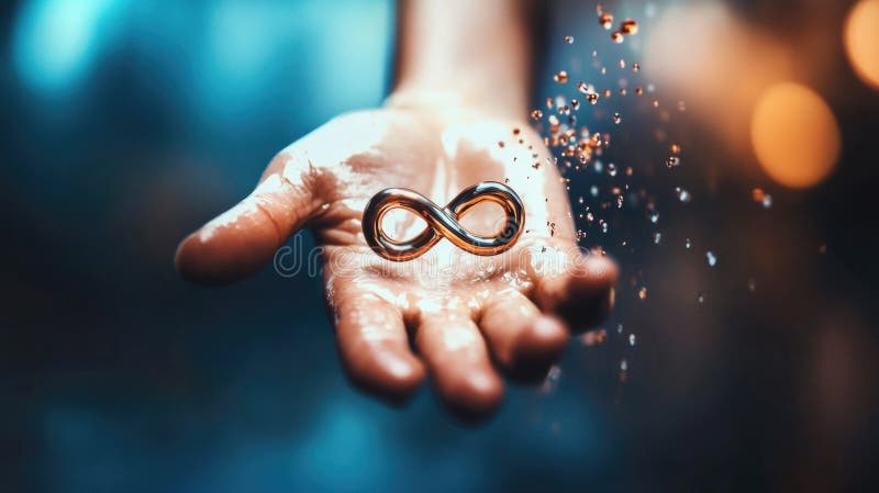Infinity Symbol in Hand with Water Droplets Against Blurred Background ...
