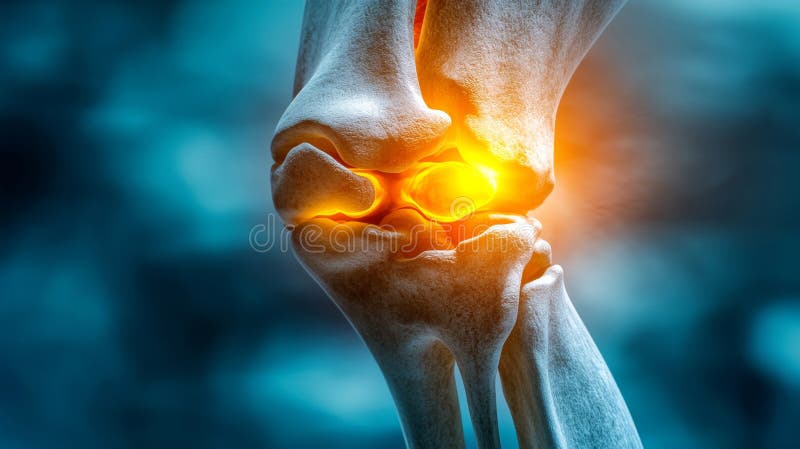 Inflamed Human Knee Joint, Anatomical View. Bone Structure with Orange ...