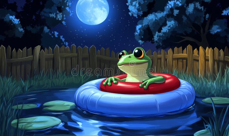 An Inflatable Circle in the River at Night with a Frog Cartoon on it ...