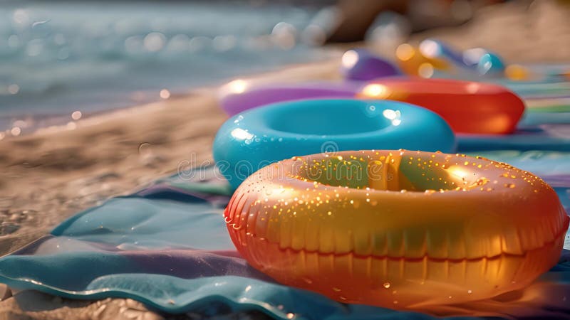 Inflatable Floats Lined Up on Sandy Beach. Row of Inflatable Floats on ...