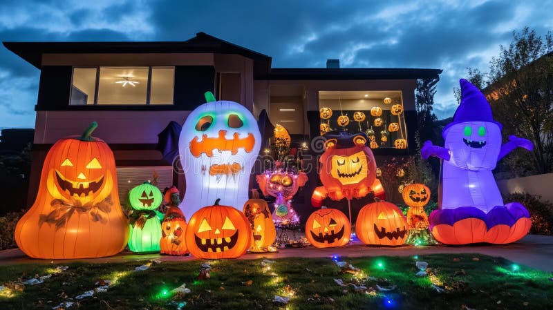 Inflatable Halloween Decorations on a House Lawn at Night Stock ...
