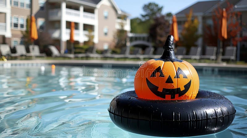 Inflatable Halloween Pumpkin Decoration Floating in a Swimming Pool at ...