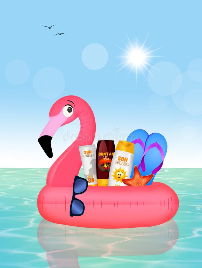 Inflatable Pink Flamingo with Summer Objects Stock Illustration ...