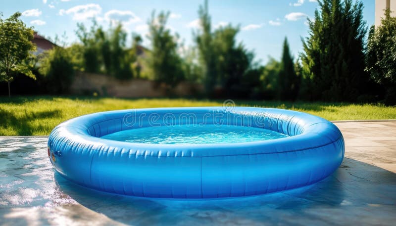 Inflatable Pool in Sunny Backyard Surrounded by Greenery during Late ...