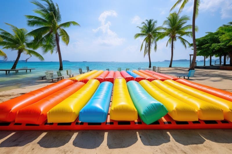 Inflatable Rafts for Rent on a Tropical Beach Pier Stock Illustration ...