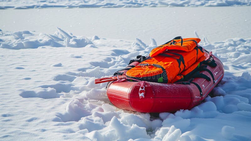 Inflatable Red Rescue Team Zodiac Boat on Ice Stock Photo - Image of ...