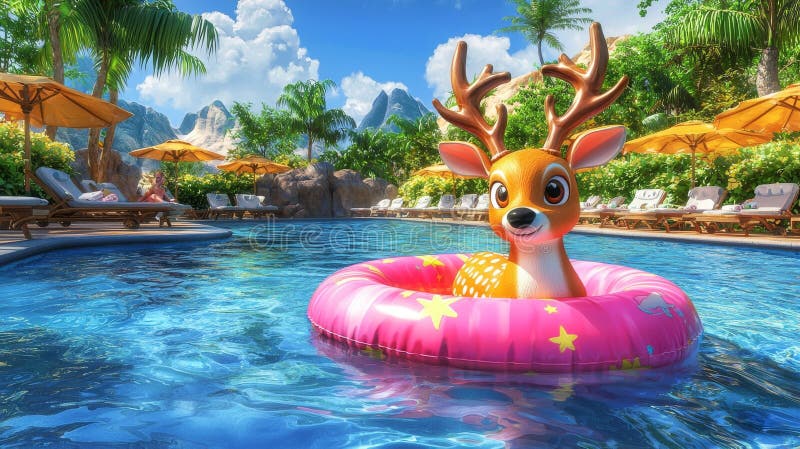 An Inflatable Reindeer Pool Float, Decorated for Christmas, Floats in a ...