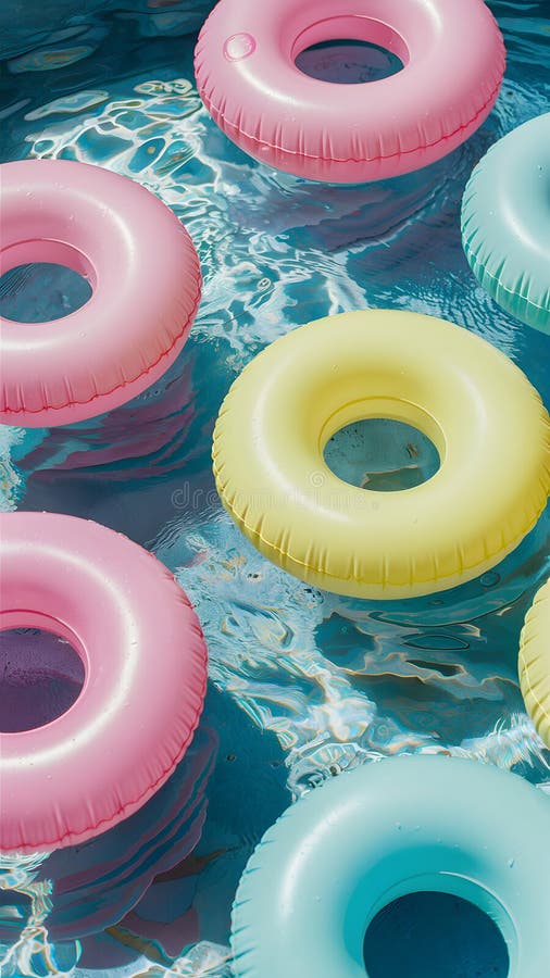Inflatable Rings Float in Sparkling Pool, Casting Colorful Reflections ...