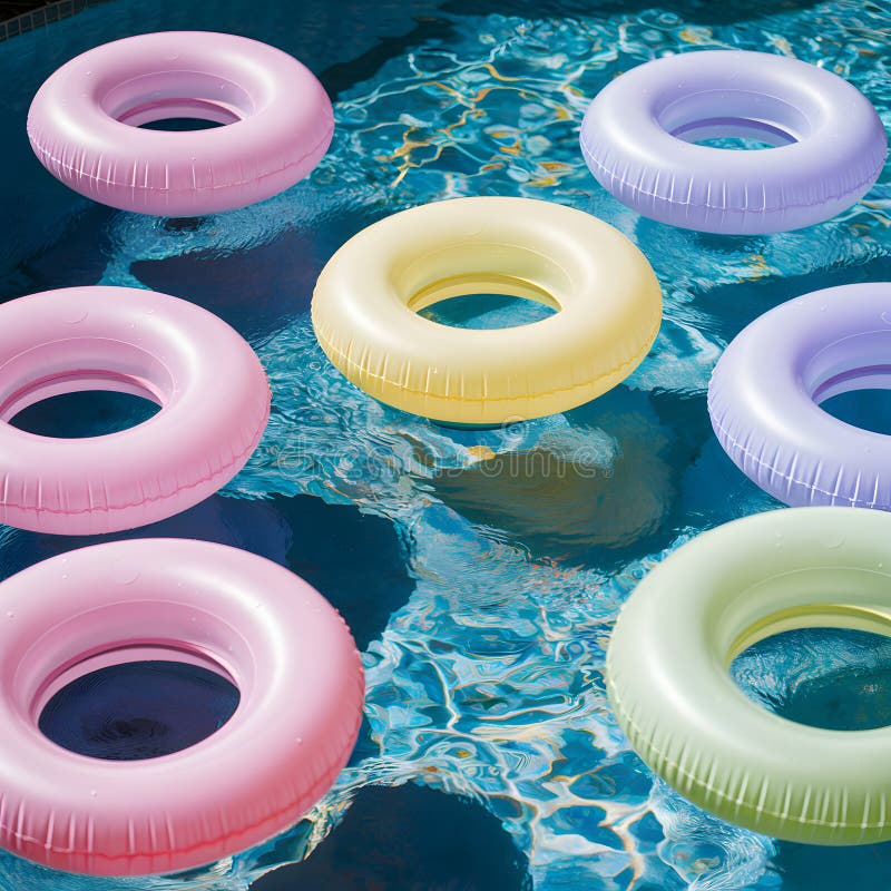 Inflatable Rings Float in Sparkling Pool, Casting Colorful Reflections ...