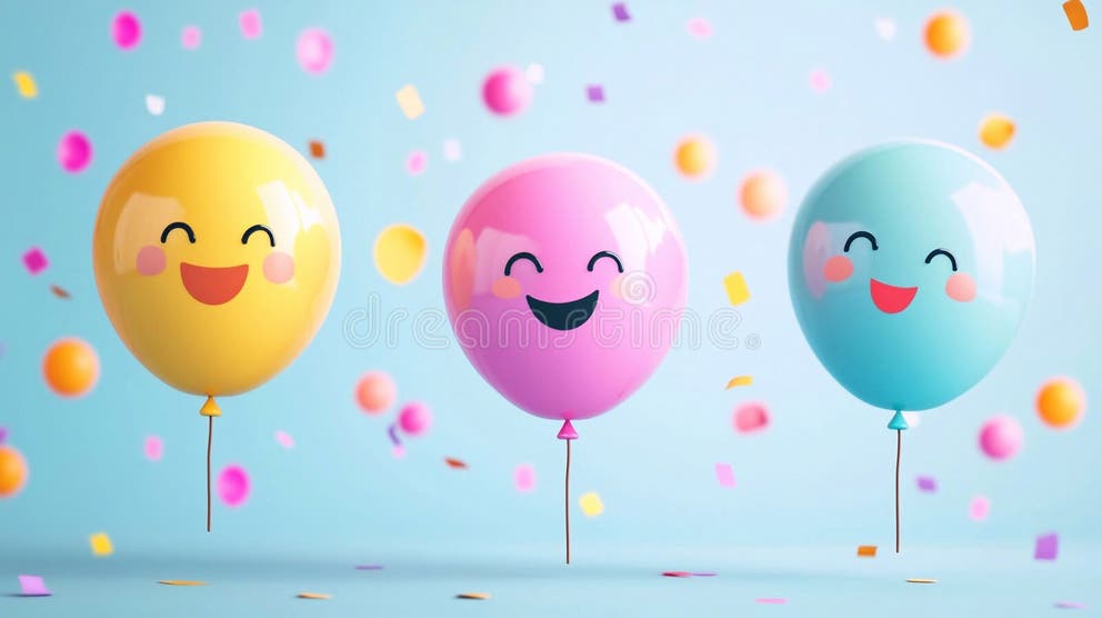 Inflatable Smiley Balls on a Blue Background. Festive Background. Stock ...