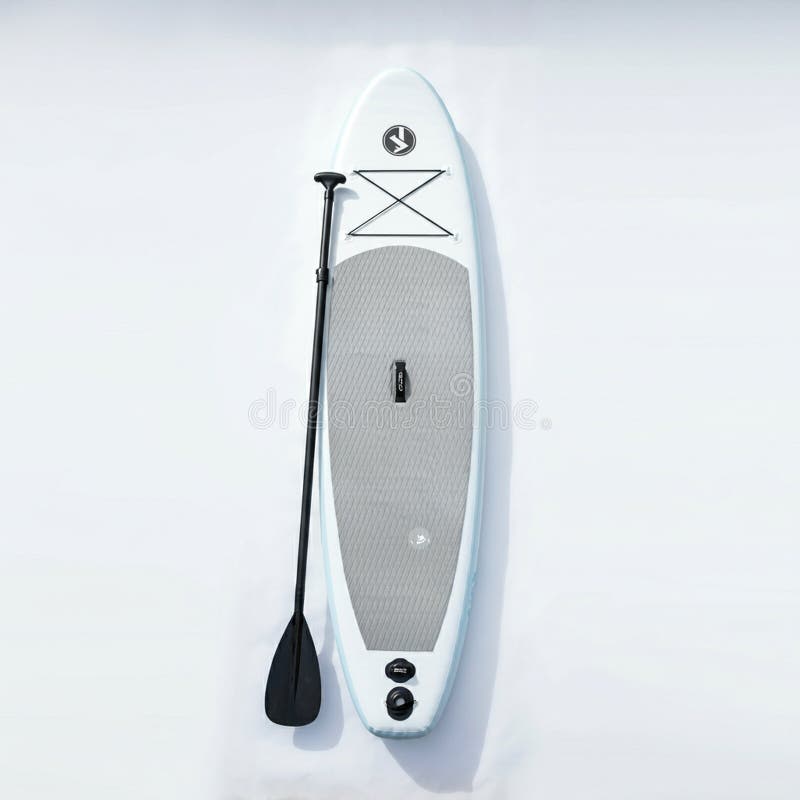 Inflatable Stand-up Paddleboard with Paddle on a White Surface. the ...