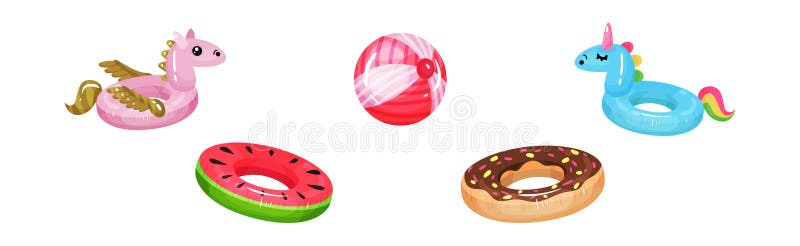 Inflatable Swimming Accessories with Rubber Ring and Ball Vector Set ...