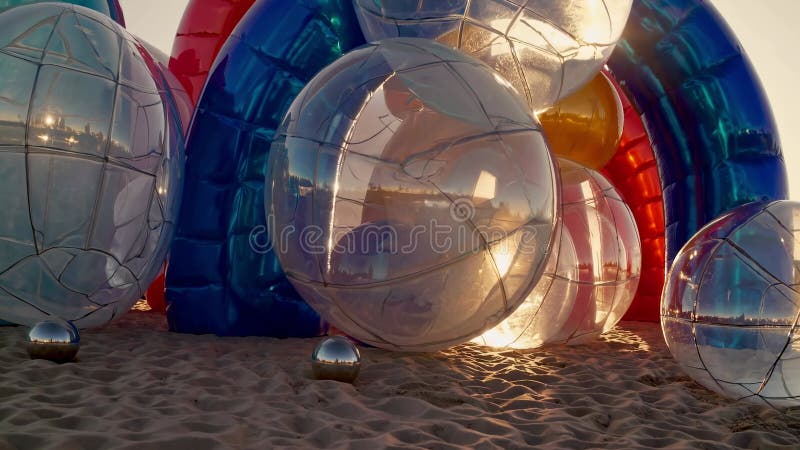 Transparent and Colored Inflatable Balls Arching Across Sandy Beach ...
