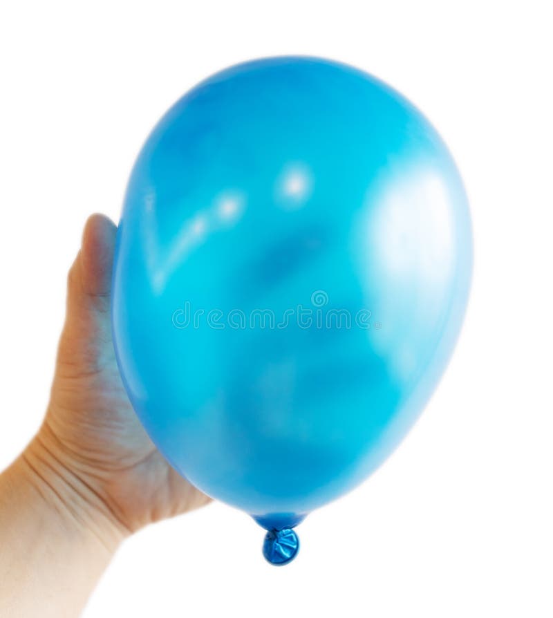 Inflated Blue Balloon in Hand Isolated on White Stock Photo - Image of ...