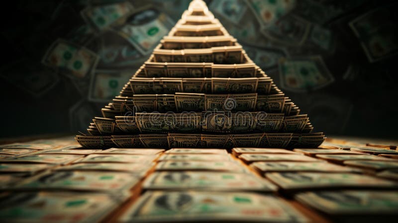 Pyramid of Dollar Bills on a Scattered Money Backdrop Stock Photo ...