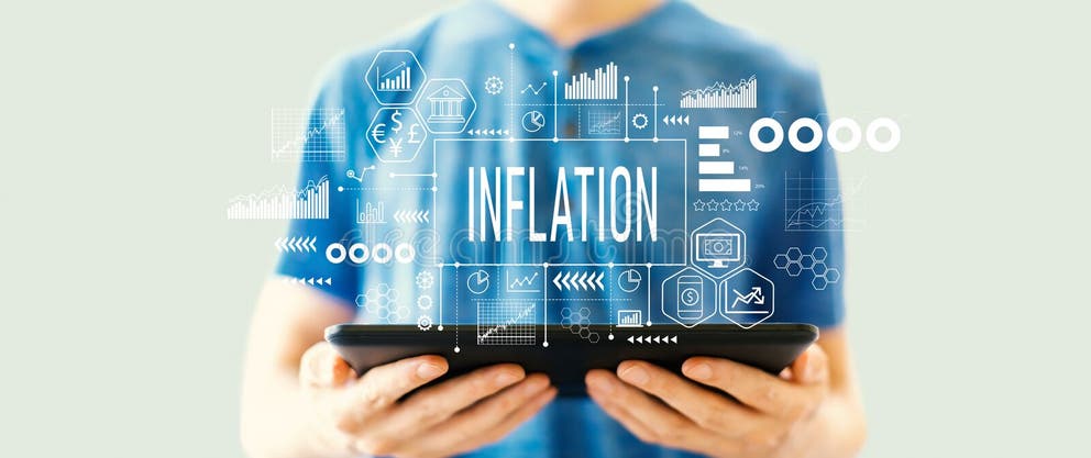 Inflation Theme with Man Using a Tablet Stock Photo - Image of money ...