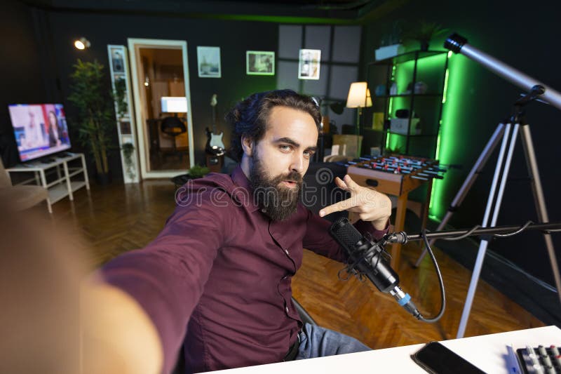 Portrait of Influencer in Home Studio during Live Broadcast Stock Photo ...