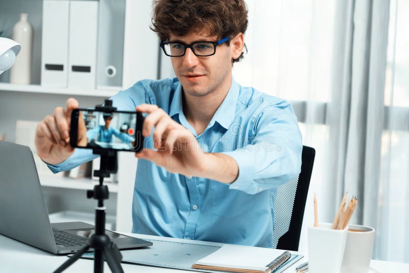 Influencer Setting Smartphone Blurred Image Focusing Face Recording ...