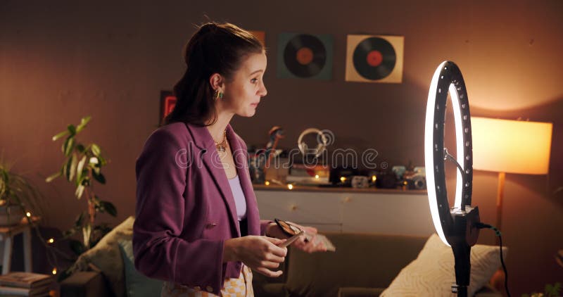 Influencer Wave, Ring Light or Girl with Makeup at Night for Promo ...