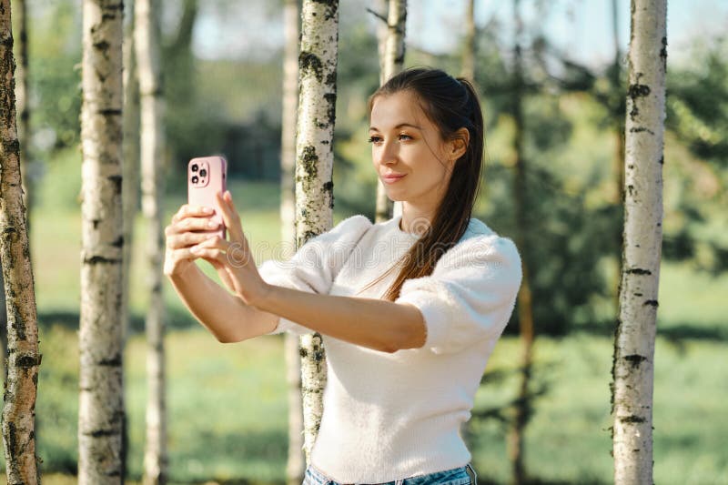 Influencer Woman Makes Selfie on Nature Stock Photo - Image of outside ...
