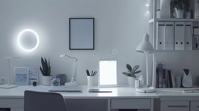 Influencer Workspace at Home: Desk with Ring Light and Smartphone Stock ...