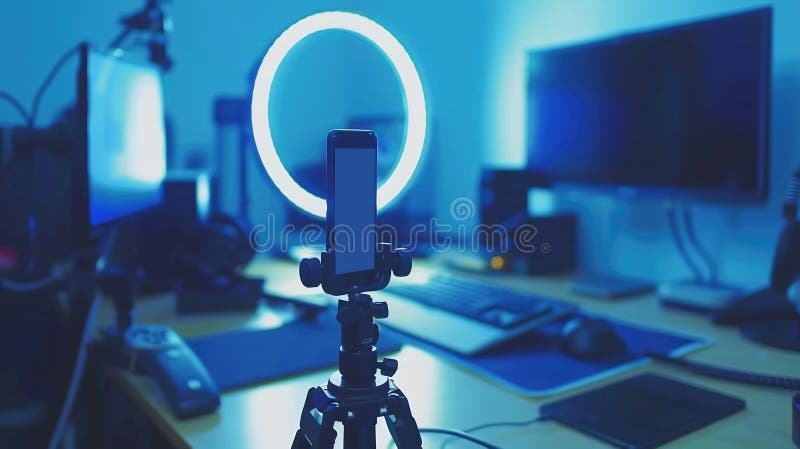 Influencer Workspace at Home: Desk with Ring Light and Smartphone Stock ...