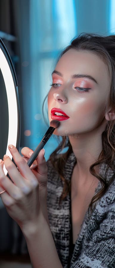 An Influential Beauty Blogger Applying Makeup a Ring Light Casting a ...