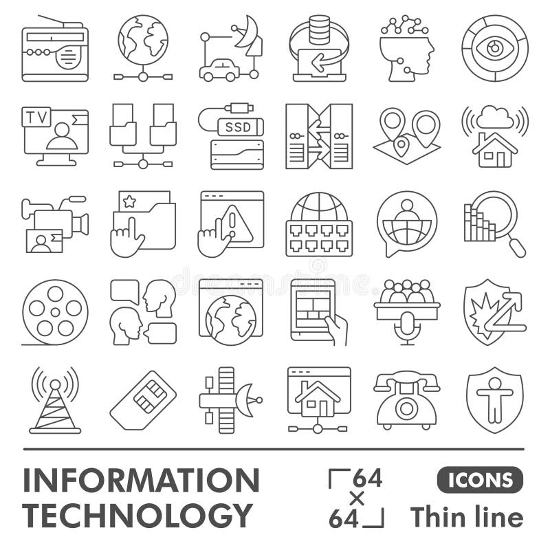 Info Tech Symbols Collection or Sketches, Technology Data Theme with ...