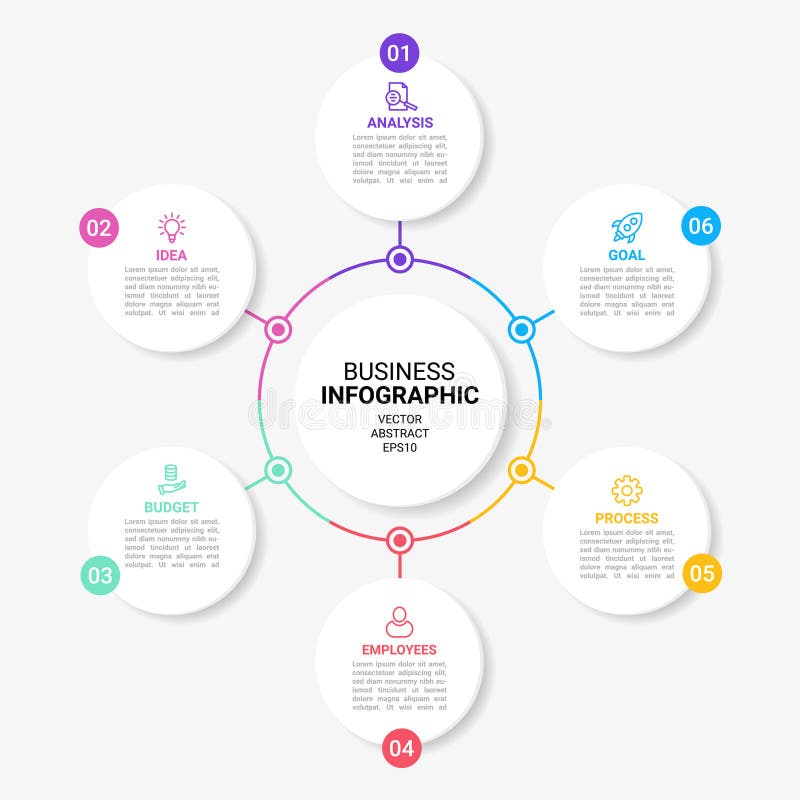 Infograph Elements. Circle Chart. 6 Steps of Business Work Process. Flowchart Diagram. Graph ...