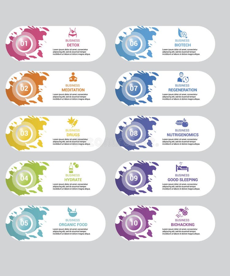 Infographic Biohacking Icons Vector Illustration. 10 Colored Steps Info ...