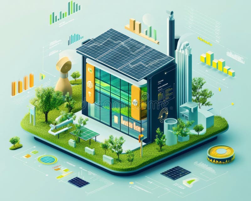Infographic of a Carbon-neutral Smart Building with Solar Panels, Green ...