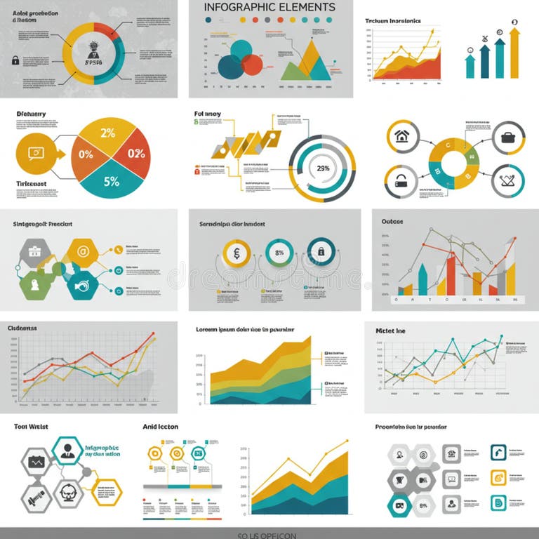 Infographic Collection Displaying Various Data Visualization Elements, Including Pie Stock ...
